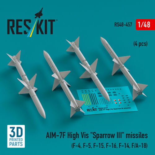 RES/KIT 48-0457 AIM-7F High Vis 'Sparrow III' Missiles (4 pcs) (F-4, F-5, F-15, F-16, F-14, F/A-18) (3D Printed)