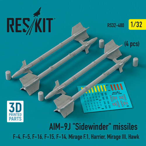 RES/KIT 32-0480 AIM-9J 'Sidewinder' Missiles (4pcs) (F-4, F-5, F-16, F-15, F-14, Mirage F.1, Harrier, Mirage III, Hawk) (3D Printed)