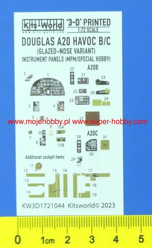 Kits World 3D1721044 Douglas A-20 B/C Havoc with glazed-nose Full Colour 3D Interior Cockpit Set (for MPM and Special Hobby kits)