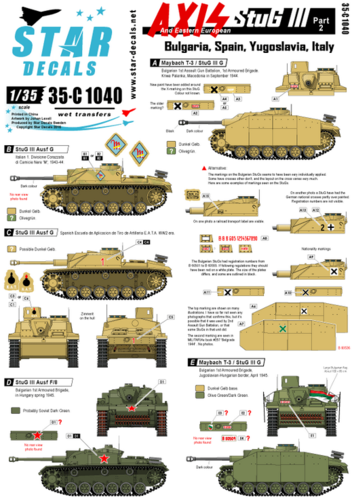 Star-Decals 35-C1040 Axis/Eastern Europe StuG III # 2. Bulgaria, Spain, Italy, Yugoslavia.