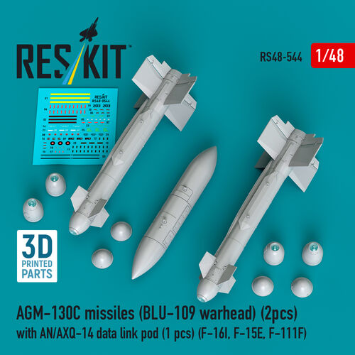 RES/KIT 48-0544 AGM-130C Missiles (BLU-109 Earhead) (2pcs) With AN/AXQ-14 Data Link Pod (1pc) (F-16I, F-15E, F-111F) (3D Printed)