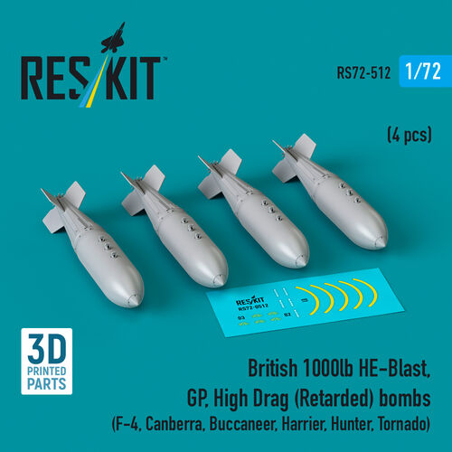 RES/KIT 72-0512 British 1000lb HE-Blast, GP, High Drag (Retarded) Bombs (4pcs) (F-4, Canberra, Buccaneer, Harrier, Hunter, Tornado) (3D Printed)