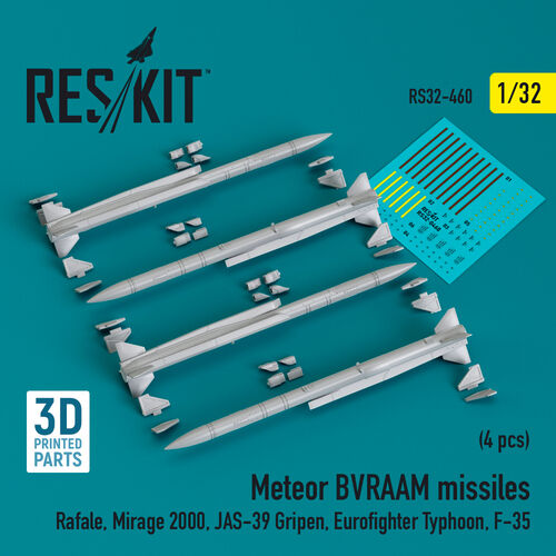 RES/KIT 32-0460 Meteor BVRAAM Missiles (4pcs) (Rafale, Mirage 2000, JAS-39 Gripen, Eurofighter Typhoon, F-35) (3D Printed)