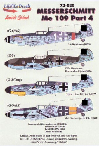 Lifelike Decals 72020 Messerschmitt Bf-109 Part 4 (4 schemes)