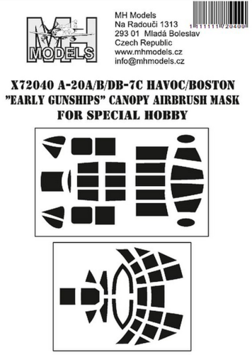 MH Models X72040 A-20A/B/DB-7C Havoc/Boston "Early Gunships" canopy airbrush mask