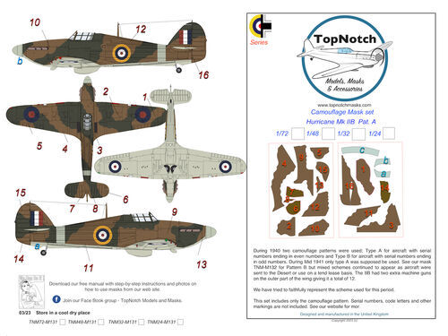 TopNotch 72-M131 Hawker Hurricane Mk.II B - scheme A Camouflage pattern paint mask
