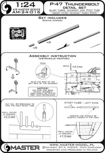 Master AM-24-016 P-47 Thunderbolt - details set - Browning .50 blast tubes, gunsight and Pitot Tube