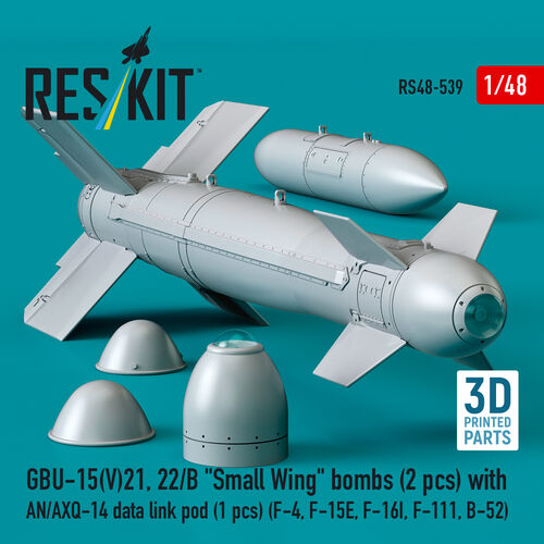RES/KIT 48-0539 GBU-15(V)21, 22/B 'Small Wing' Bombs (2pcs) With AN/AXQ-14 Data Link Pod (1pc) (F-4, F-15E, F-16I, F-111, B-52) (3D Printed)
