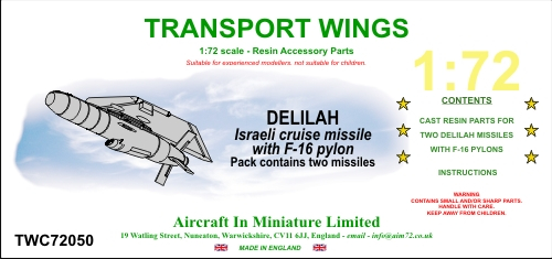 Aircraft In Miniature Ltd TWC72050 Delilah Israeli Cruise missiles and Lockheed-Martin F-16 pylons (2 missiles)