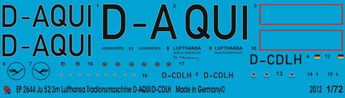 Peddinghaus-Decals 2644 Ju 52/3m Lufthansa Tradionsplane D-AQUI/D-CDLH