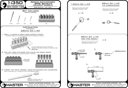 Master SM-350-106 SMS Seydlitz armament - 280mm (10pcs), 150mm (12pcs), 88mm (8pcs) barrels with resin mounts (for Hobby Boss kit)