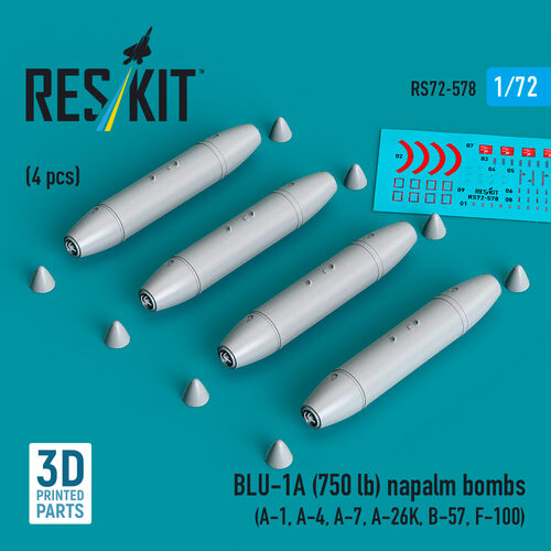 RES/KIT 72-0578 BLU-1A (750 lb) Napalm Bombs (4 pcs / 3D Printed)