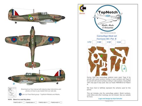 TopNotch 72-M011 Hawker Hurricane Mk.I - Pattern B camouflage pattern paint masks