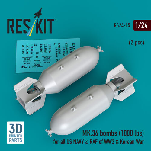 RES/KIT 24-0015 MK.36 Bombs (1000 lbs) For All US Navy & RAF Of WW2 & Korean War (2 pcs) (3D Printed)