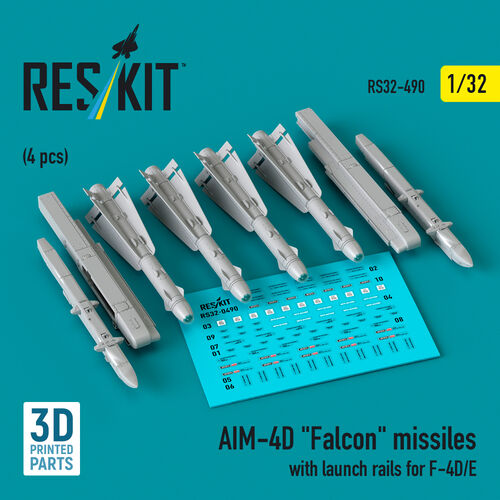 RES/KIT 32-0490 AIM-4D 'Falcon' Missiles With Launch Rails For F-4D/E (4pcs) (3D Printed)