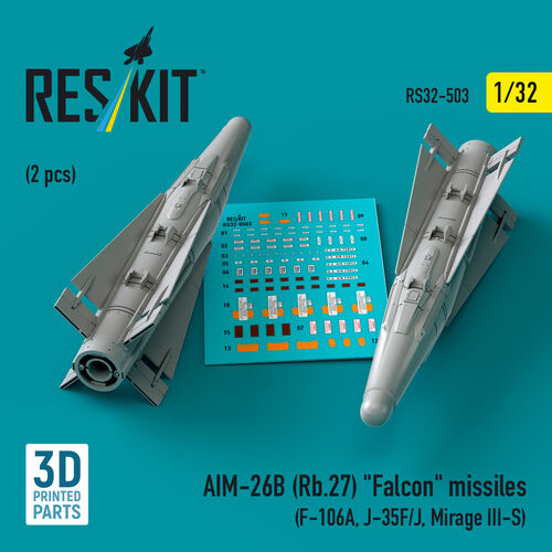 RES/KIT 32-0503 AIM-26B (Rb.27) 'Falcon' Missiles (2pcs) (F-106A, J-35F/J, Mirage III-S) (3D Printed)