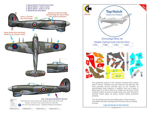 TopNotch 48-M012 Hawker Typhoon - Car Door and Bubble top - camouflage pattern paint masks (for Airfix kits)