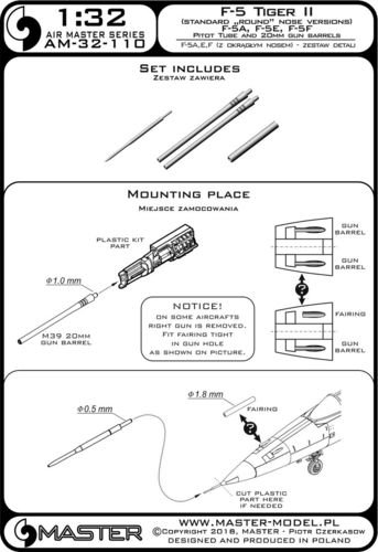 Master AM-32-110 F-5 Tiger II "Freedom Fighter" (standard nose versions) - F-5A, E, F - Pitot Tube and 20mm gun barrels