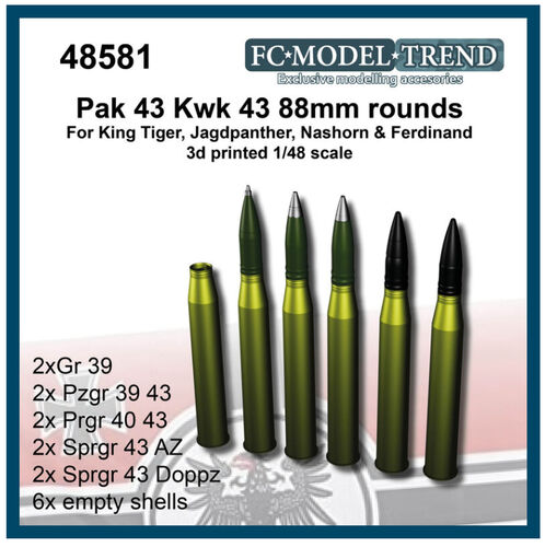 FC ModelTrend 48581 88 mm Rounds for: Pak43/Kwk 43, King Tiger, Jagdpanther, Nashorn, Elefant (3D-printed)