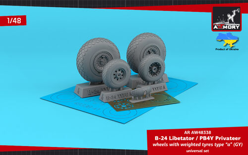 Armory Models Group AW48338 B-24 Liberator / PB4Y Privateer wheels w/ weighted tyres type "a" (GY), 2 types nose wheels, 3D-printed mudguard & PE hubcaps