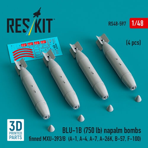 RES/KIT 48-0597 BLU-1B (750 lb) Napalm Bombs finned MXU-393/B (4 pcs / 3D Printed)