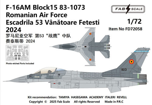 Fab Scale FD72058 General Dynamics F-16 AM Block 15 - Romanian Air Force Fetesti (2024) Photo-etched Parts Included