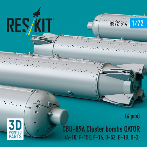 RES/KIT 72-0514 CBU-89A Cluster Bombs GATOR (4pcs) (A-10, F-15E, F-16, B-52, B-1B, B-2) (3D Printed)