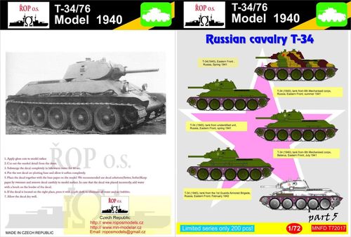 Ropos Models MNFDT72017 T-34/76 Model 1940 - Russian cavalry T-34