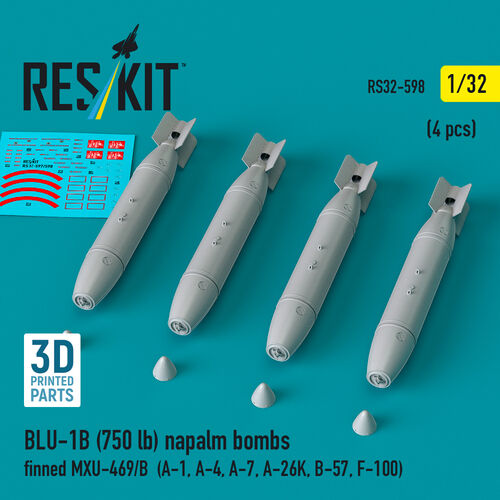 RES/KIT 32-0598 BLU-1B (750 lb) Napalm Bombs finned MXU-469/B (4 pcs / 3D Printed)