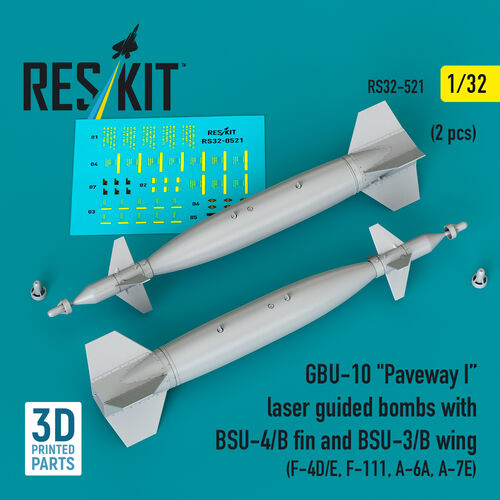 RES/KIT 32-0521 GBU-10 'Paveway I' Laser Guided Bombs With BSU-4/B Fin And BSU-3/B Wing (2pcs) (F-4D/E, F-111, A-6A, A-7E) (3D Printed)