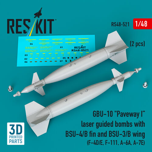 RES/KIT 48-0521 GBU-10 'Paveway I' Laser Guided Bombs With BSU-4/B Fin And BSU-3/B Wing (2pcs) (F-4D/E, F-111, A-6A, A-7E) (3D Printed)