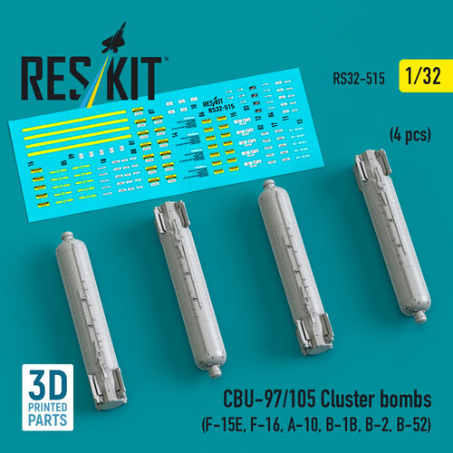 RES/KIT 32-0515 CBU-97/105 Cluster Bombs (4pcs) (F-15E, F-16, A-10, B-1B, B-2, B-52) (3D Printed)