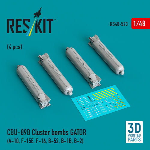 RES/KIT 48-0523 CBU-89B Cluster Bombs GATOR (4pcs) (A-10, F-15E, F-16, B-52, B-1B, B-2) (3D Printed)