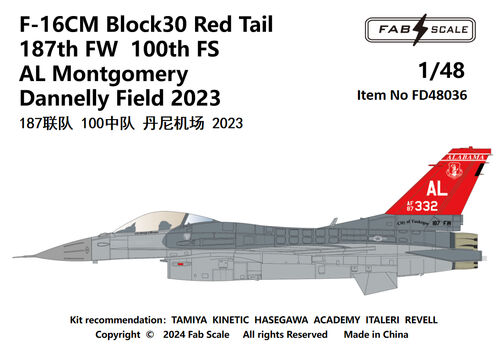 Fab Scale FD48036 General Dynamics F-16 CM Block 30 - Red Tail 187th FW 100th FSAL Montgomery Dannelly Field (2023)