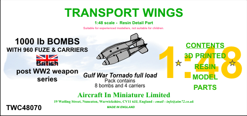 Aircraft In Miniature Ltd TWC48070 Gulf War Tornado - Full Load Set (8x 1000lb and 4x Bomb carrier.)