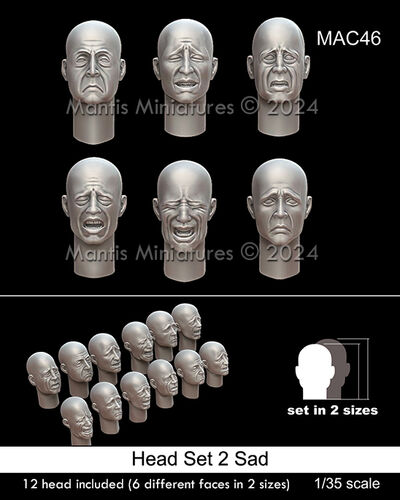 Mantis Miniatures MAC46 Head Set 2 Sad - 12 Heads Included (6 Different Faces In Two Sizes)