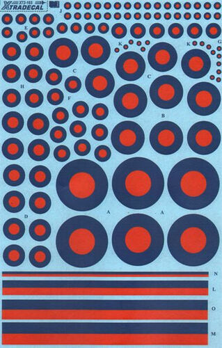 Xtradecal 72165 RAF Post War Red/Blue Tactical Roundels - 10 Roundel sizes, 4 Tail fin stripe sizes.