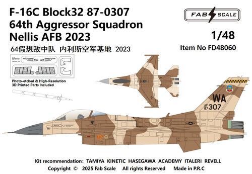 Fab Scale FD48060 Lockheed Martin F-16 C Block 32 - USAF 64th Aggressor Squadron Nellis AFB (2023) Photo-etched & 3D Printed PC 5 Combat Training System Parts Included