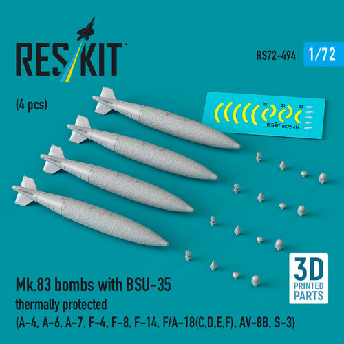 RES/KIT 72-0494 Mk.83 Bombs With BSU-35 Thermally Protected (4pcs) (A-4, A-6, A-7, F-4, F-8, F-14, F/A-18(C, D, E, F), AV-8B, S-3) (3D Printed)
