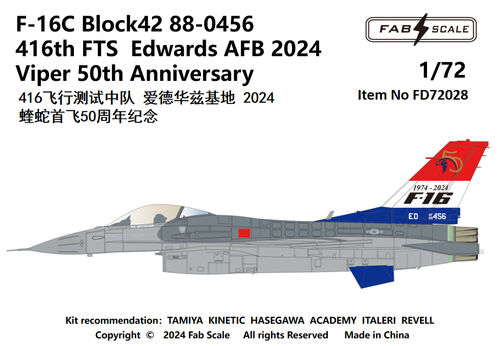 Fab Scale FD72028 Lockheed Martin F-16 C Block 42 - 88-0456 416th FTS Edwards AFB Viper 50th Anniversary (2024)