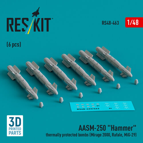 RES/KIT 48-0463 AASM-250 'Hammer' Thermally Protected Bombs (6 pcs) (Mirage 2000, Rafale, MiG-29) (3D Printed)