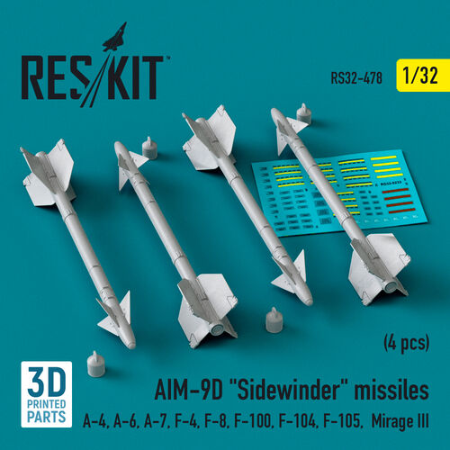 RES/KIT 32-0478 AIM-9D 'Sidewinder' Missiles (4pcs) (A-4, A-6, A-7, F-4, F-8, F-100, F-104, F-105, Mirage III) (3D Printed)