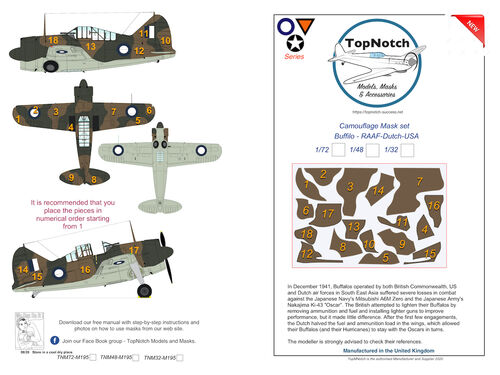 TopNotch 72-M195 Brewster Buffalo - RAF-Dutch-USA camouflage pattern paint masks