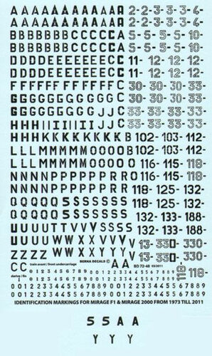 Berna Decals 72048 French registrations for Dassault Mirage F.1 B/C/CR/CT and Mirage 2000 B/C/D/N/5