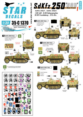 Star-Decals 35-C1370 SdKfz 250 'neu' # 1. West-front markings. 2.Pz-Div, 1.SS-LAH, 9.SS-Hohenstaufen, 10.SS-Frundsberg.