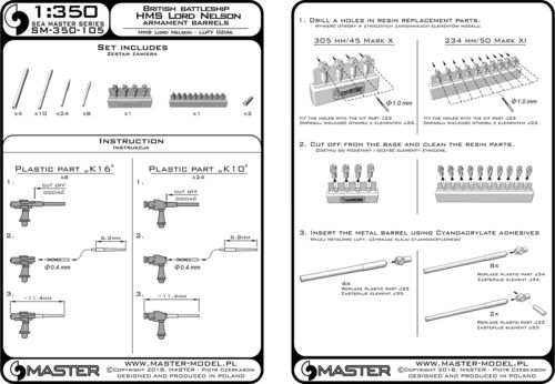 Master SM-350-105 HMS Lord Nelson armament - 12in (4pcs), 9.2in (10pcs), 12pdr (34pcs) barrels with resin mounts (for Hobby Boss kit)