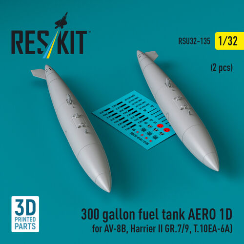 RES/KIT U32-0135 300 Gallon Fuel Tank AERO 1D For AV-8B, Harrier II GR.7/9, T.10 (2 pcs) (3D Printed)