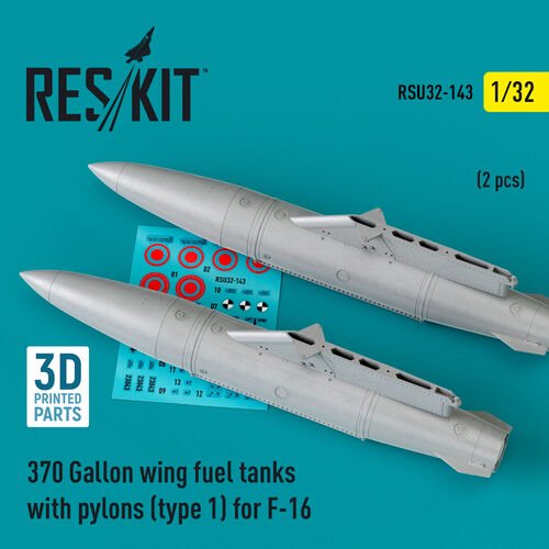 RES/KIT U32-0143 370 Gallon Wing Fuel Tanks With Pylons (Type 1) For F-16 (2pcs) (3D Printed)