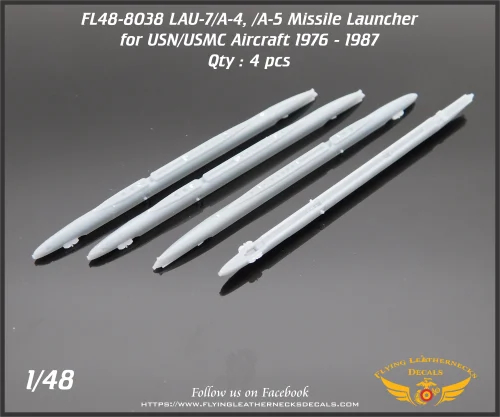 Flying Leathernecks 48-8038 LAU-7/A-4/A-5 Missile Launcher for USN/USMC Aircrafts (1976-1987) - 3D-Printed (4 pcs)