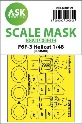 Art Scale Kit M48199 Grumman F6F-3 Hellcat - wheels and canopy frame paint mask (inside and outside) (for Eduard kits)